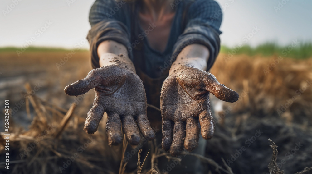 Female Farmer showing here dirty hands in field. healthy food ...
