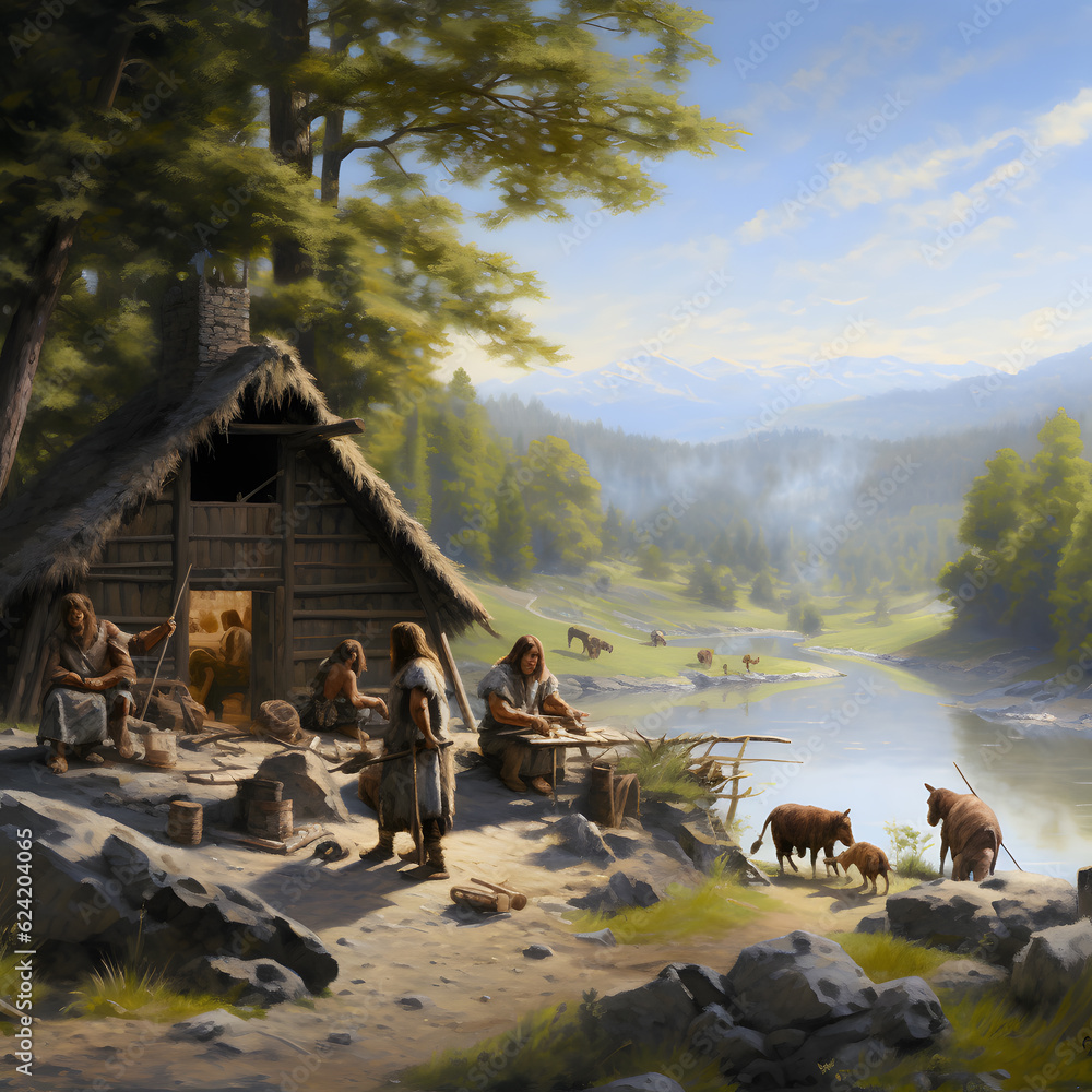 Neanderthal extended family next to thatched huts and lake and forest ...