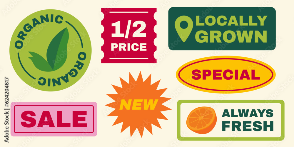 Supermarket shop sticker collection. Set of design icons and labels for ...
