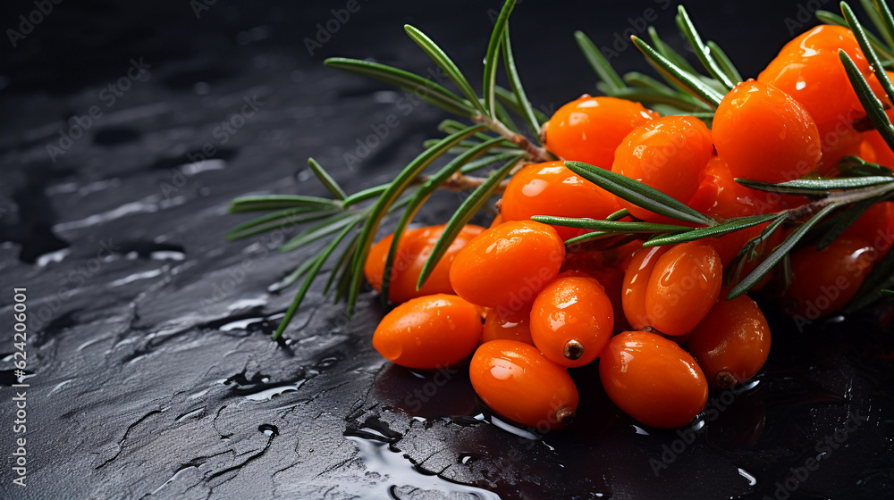 fresh cut sea buckthorn. on dark rough stone table. healthy food ...
