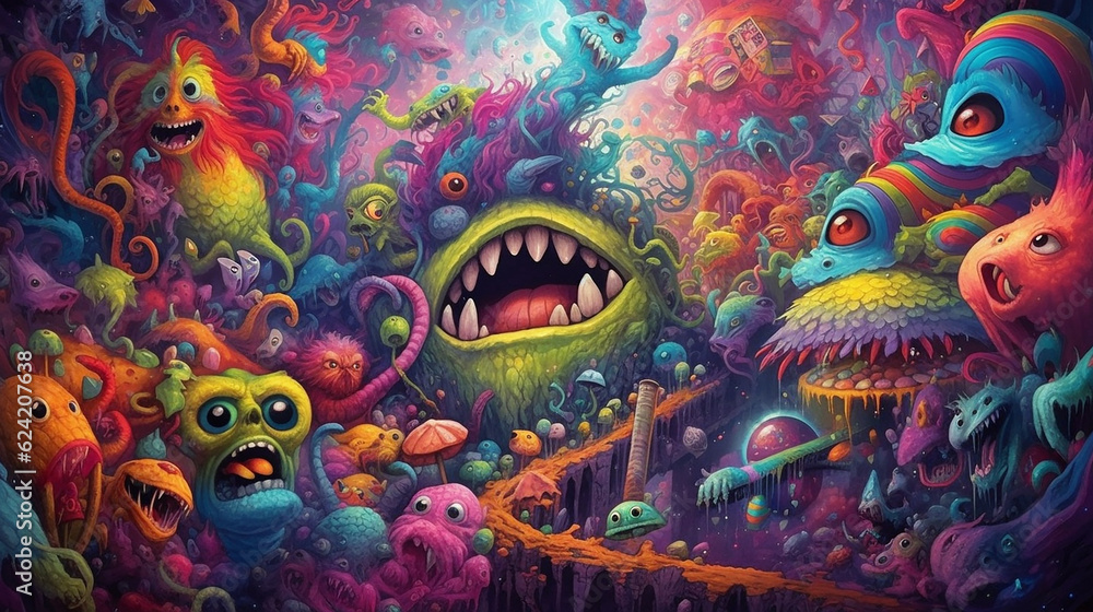 Colorful surrealistic scene of a rainbow colored world with monsters ...