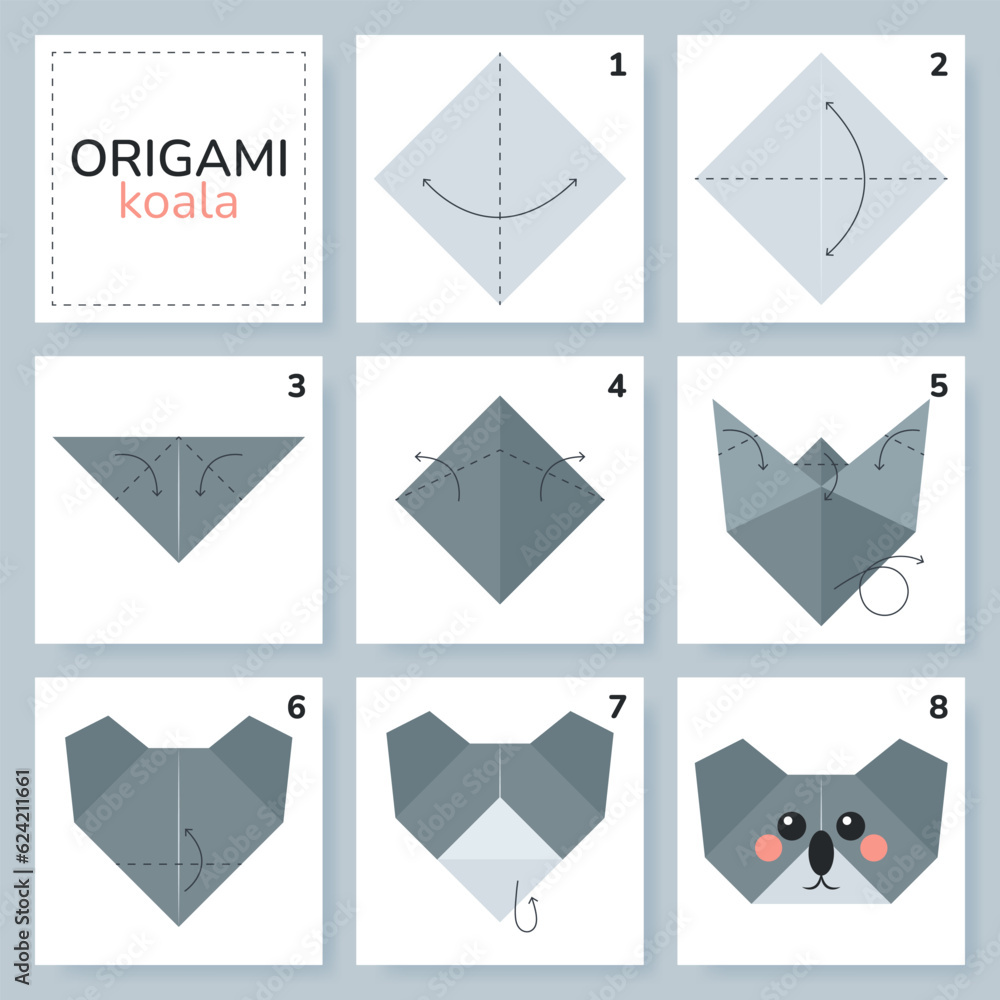 Koala origami scheme tutorial moving model. Origami for kids. Step by ...