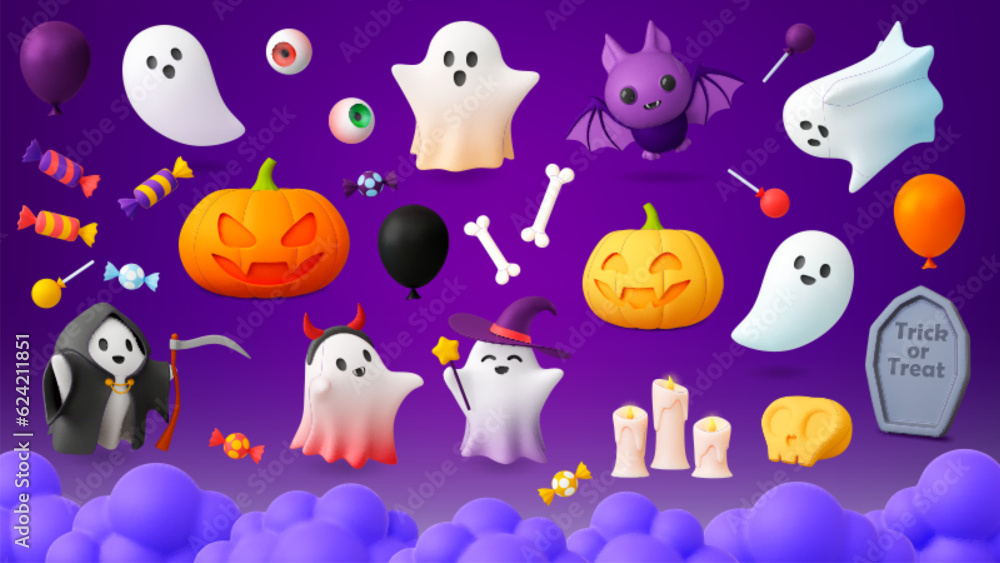 Halloween 3d elements. Horror mystery cartoon ghosts, pumpkin and bat ...