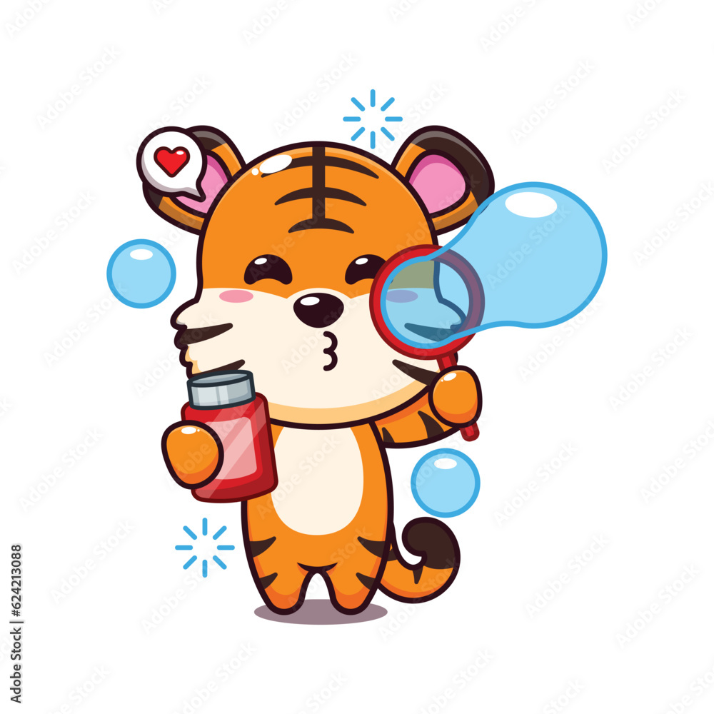 Cute Tiger Blowing Bubbles Cartoon Vector Illustration Stock Vector