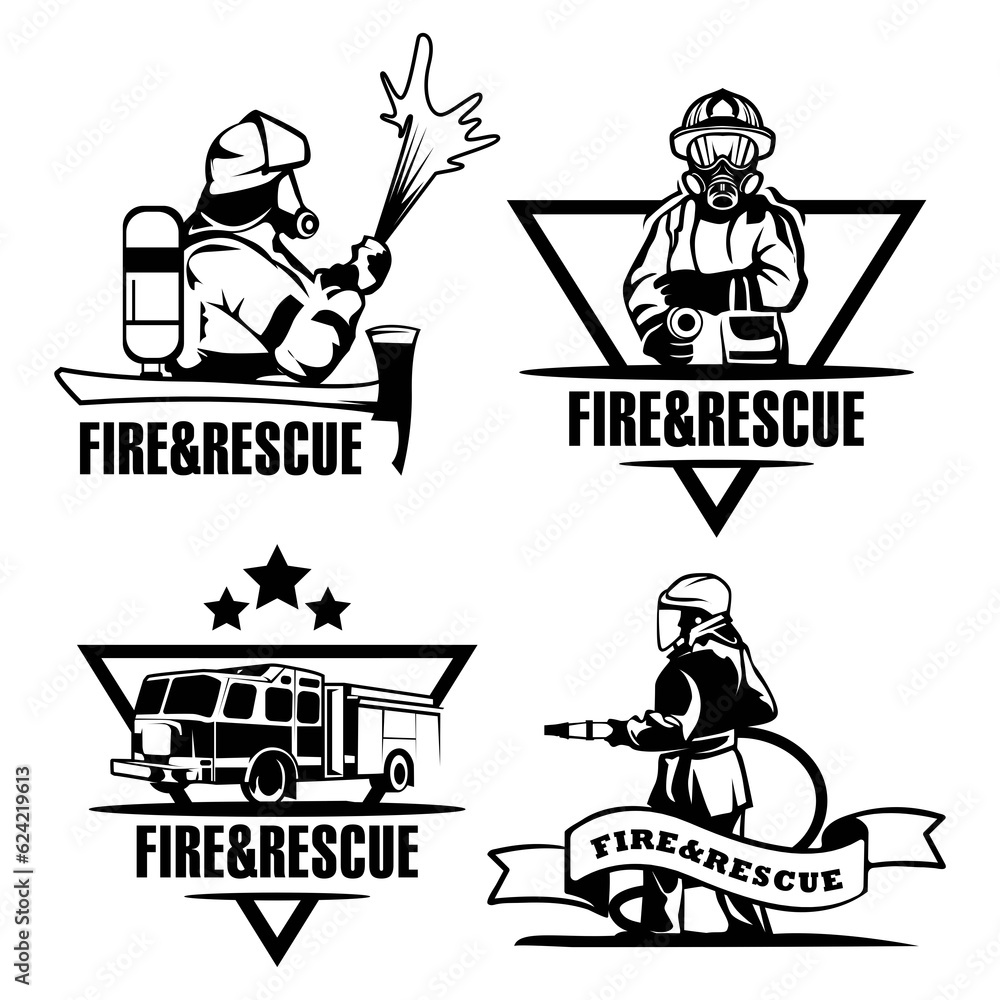 Retro firefighter logo bundle template. Firefighter rescue logo badge ...