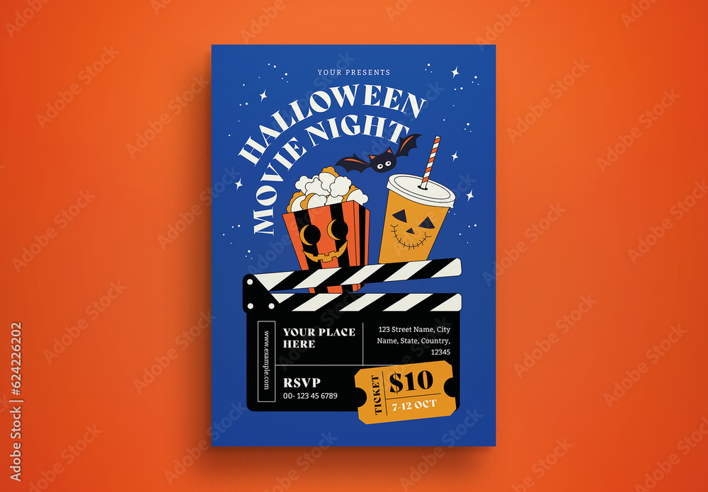 Blue Cartoon Halloween Movie Night Flyer Layout Stock Template | Adobe ...