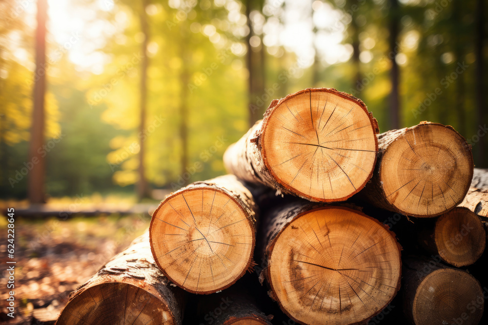 Stack of freshly cutted trees in a forest, deforestation concept ...
