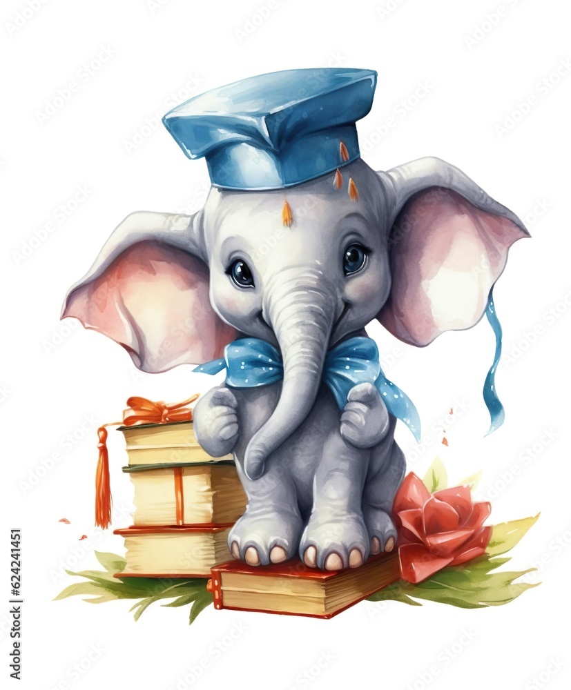 painterly adorable cutie elephant wearing graduation cap with book ...