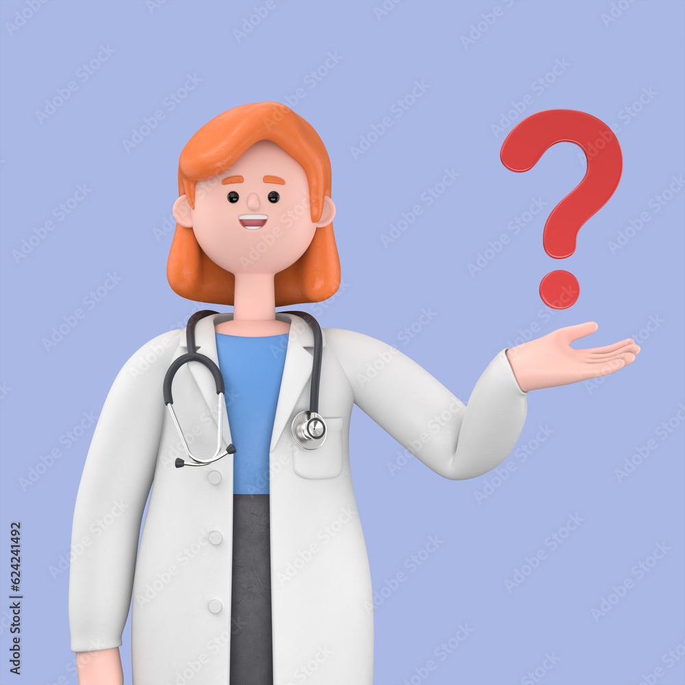 3D illustration of Female Doctor Nova thinking with a question mark ...