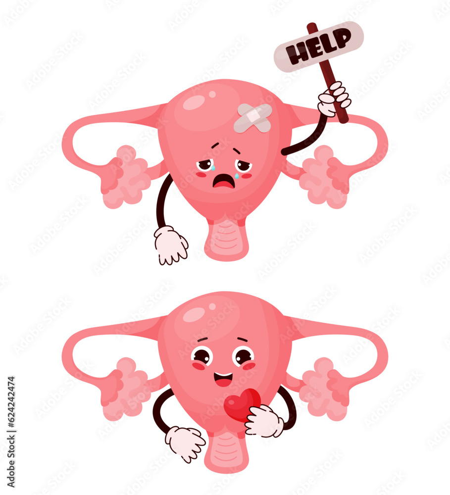 Cute female cartoon uterus. Human reproductive organ character with ...