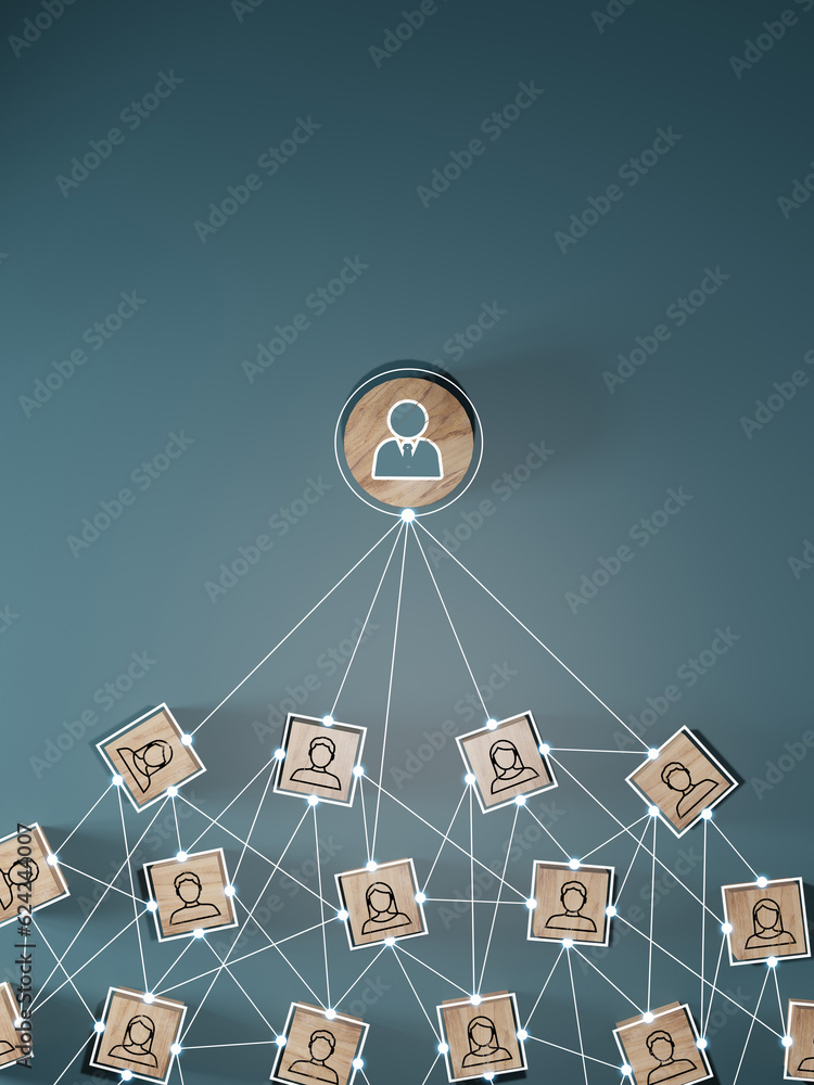 Wooden cube block print screen person icon which link connection ...