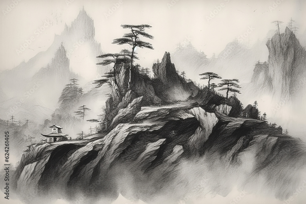 Ink on Paper Landscape. Generative AI. A digital illustration of a ...