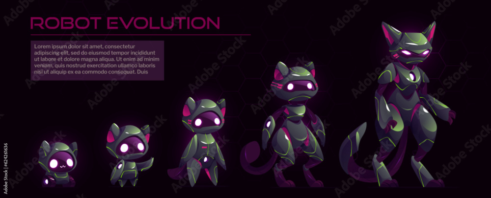 Cartoon set of cat robot evolution levels. Vector illustration of ...