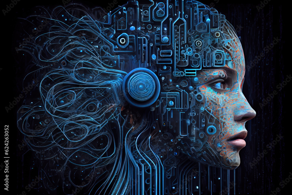 Realistic Artificial intelligence. Computer mind connections head ...