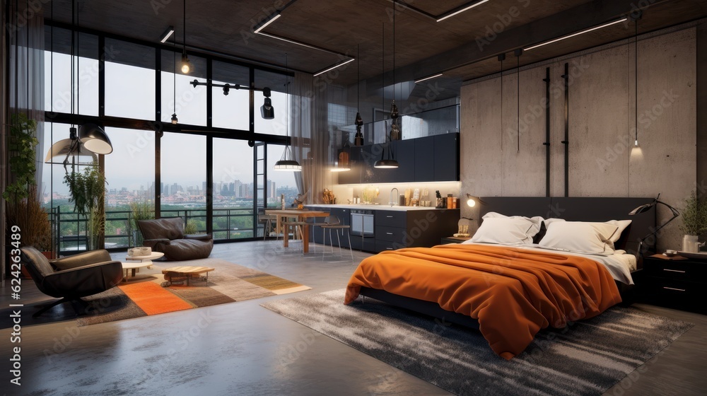 Luxury studio apartment with a free layout in a loft style in dark ...