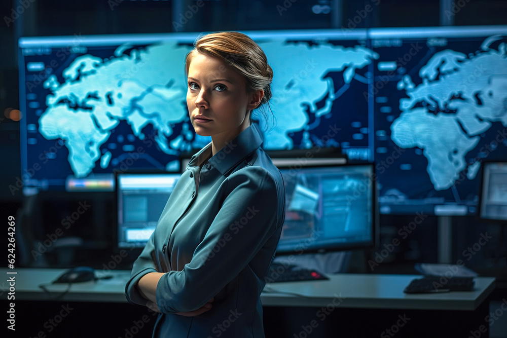 Confident government spy woman in futuristic command center with ...