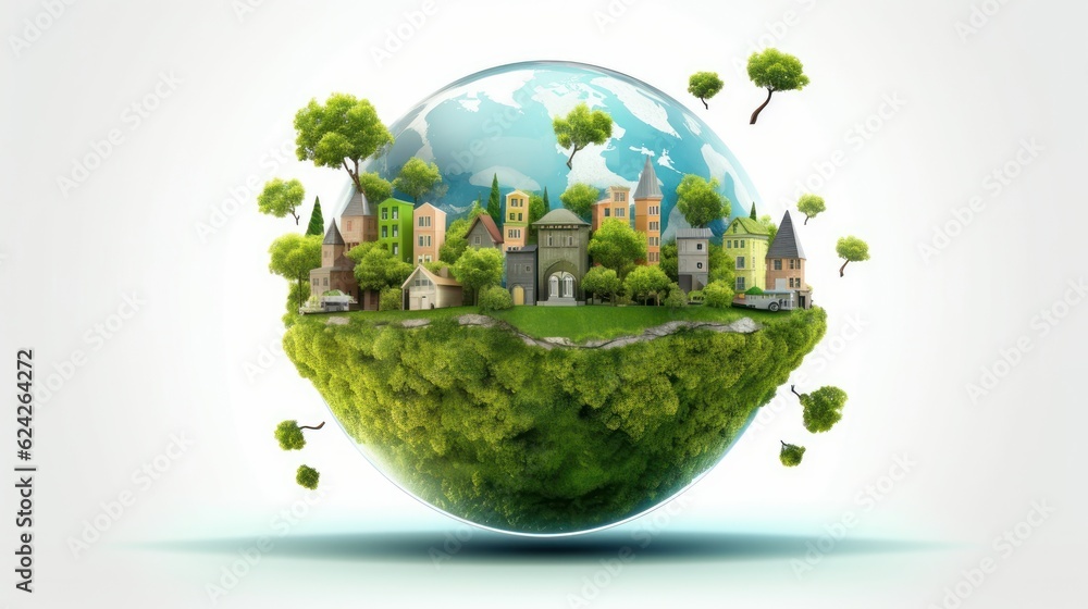 Image of the globe with symbols of human activity and the environment ...