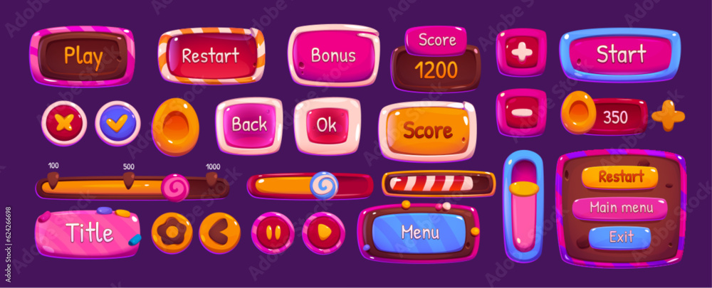 Candy ui game app interface and button frame glossy icon set. Pink ...