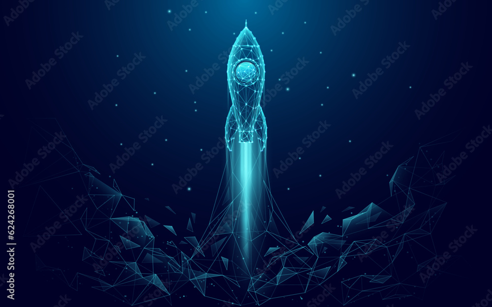 Abstract Rocket Launch. Digital Spaceship Flying Up Into Outer Space ...