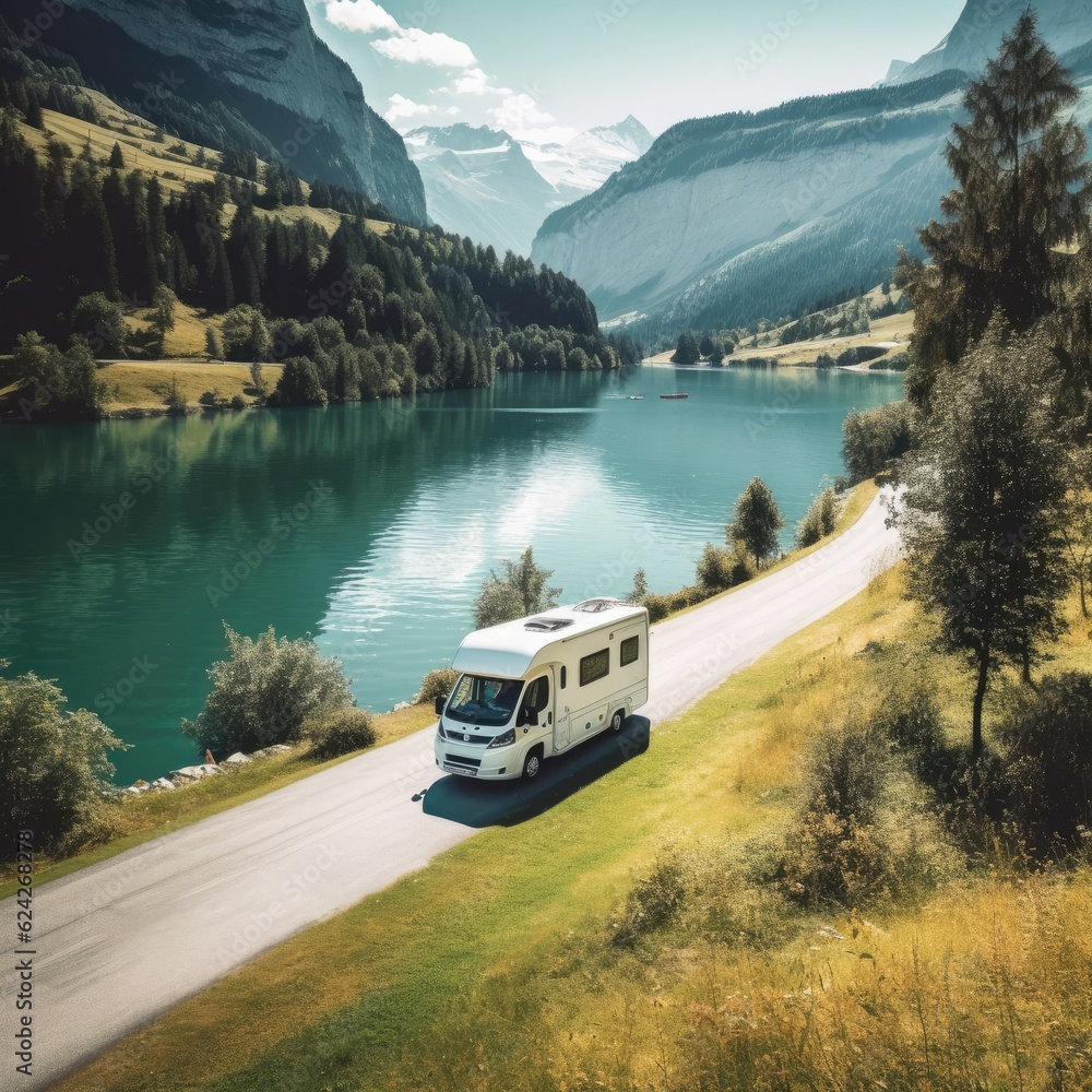 Motorhome camper van RV road trip. People on travel vacation adventure ...