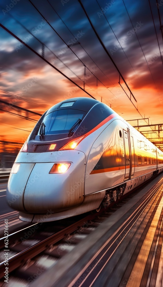 High speed train in motion on the railway station at sunset. Fast ...