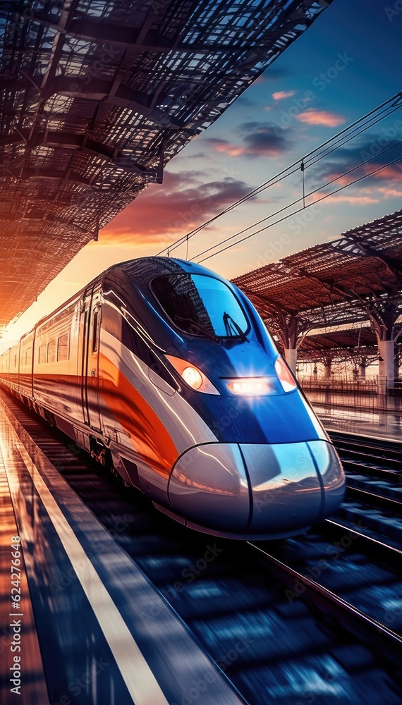 High speed train in motion on the railway station at sunset. Fast ...