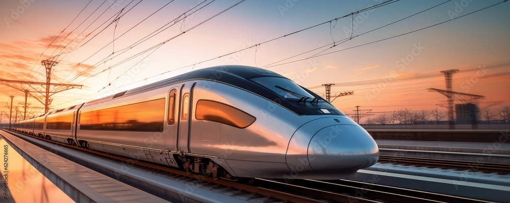 High speed train in motion on the railway station at sunset. Fast ...