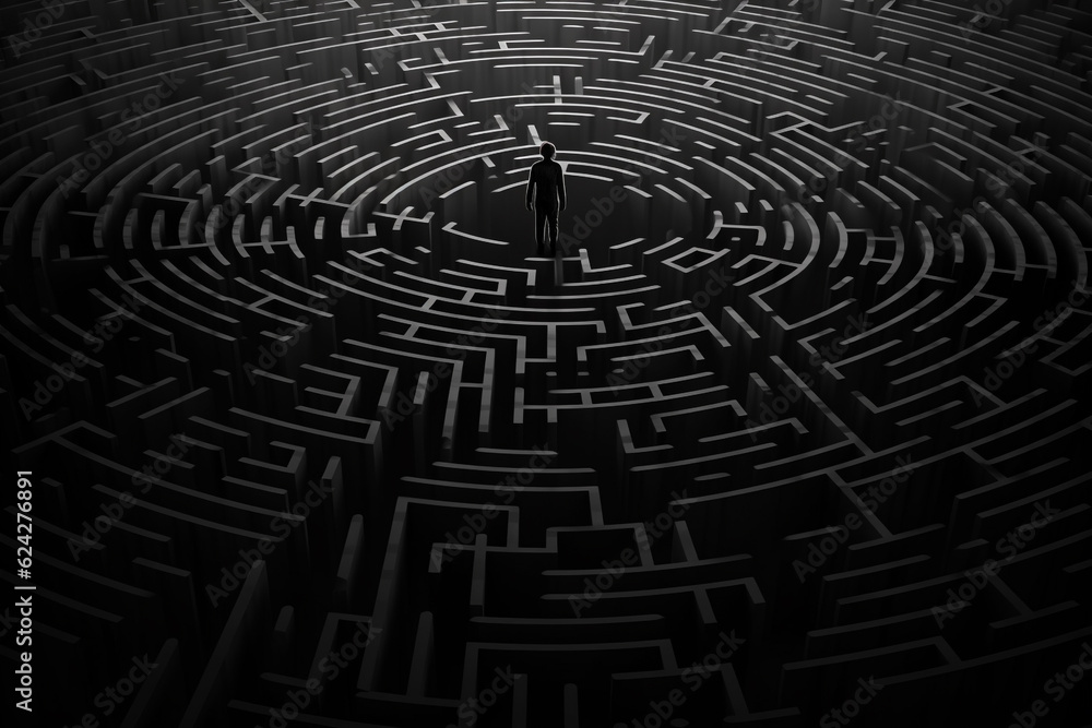 States of mind and psychology concept. Man silhouette in maze or ...