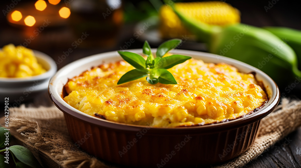 Generative AI image of a delectable corn casserole, golden-brown and ...