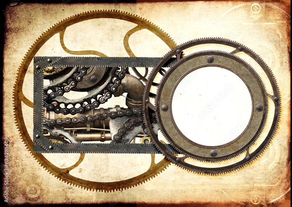 Vintage steampunk backdrop with round frame, pipes on paper backdrop ...