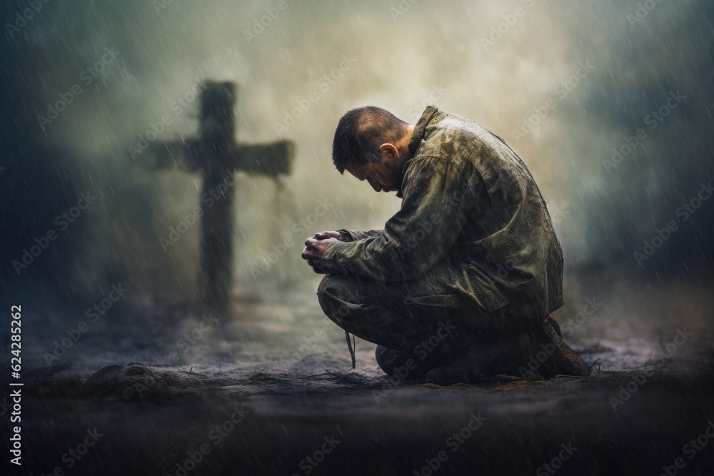 Christian man praying in front of the cross Stock Photo | Adobe Stock
