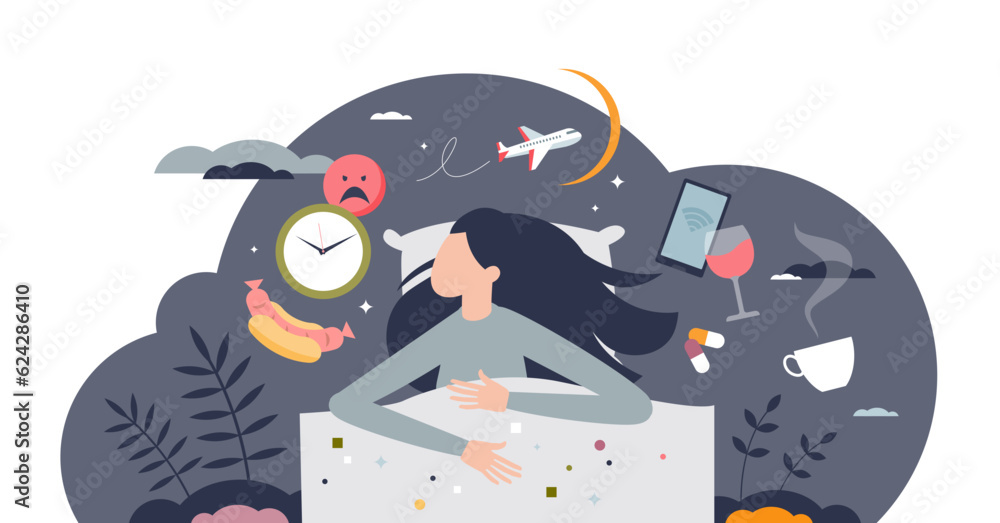 Insomnia causes and trouble with sleeping at night tiny person concept ...