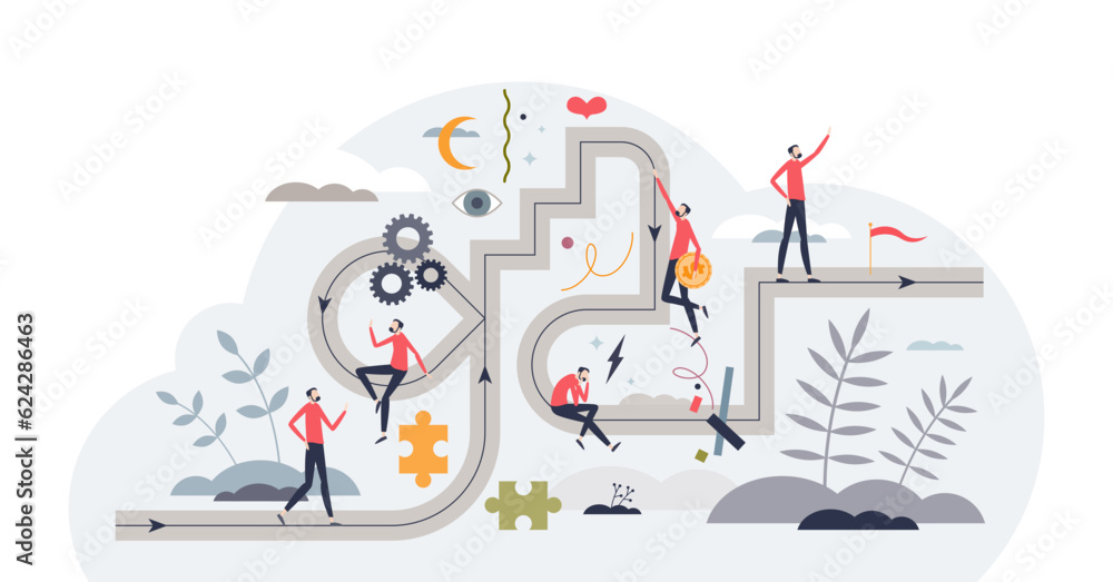 Life journey and highway path with complex direction tiny person ...