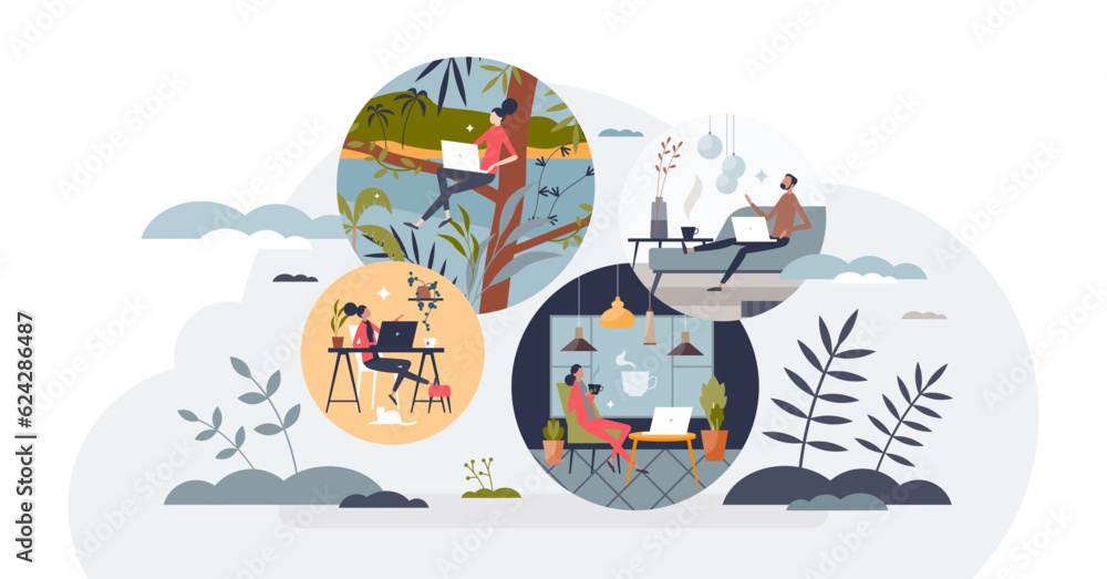 Remote work as different workspaces of freelance job tiny person ...