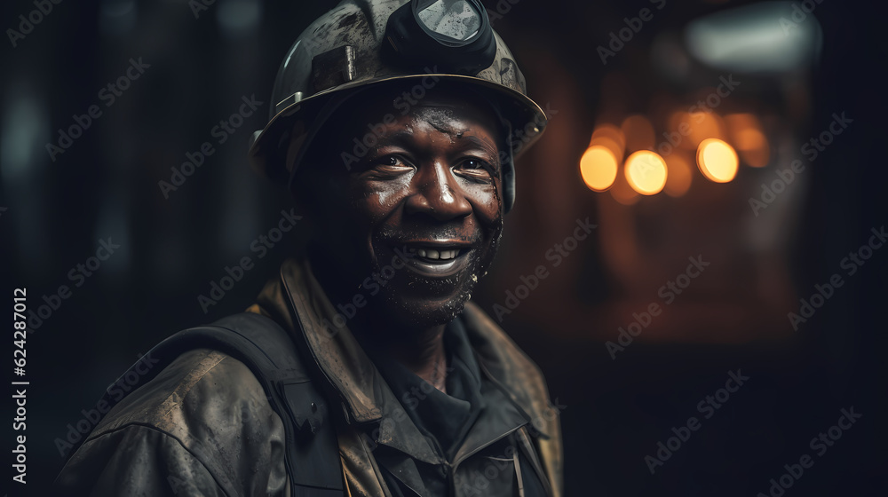 Portrait happy man miner with headlamps entering underground coal mine ...