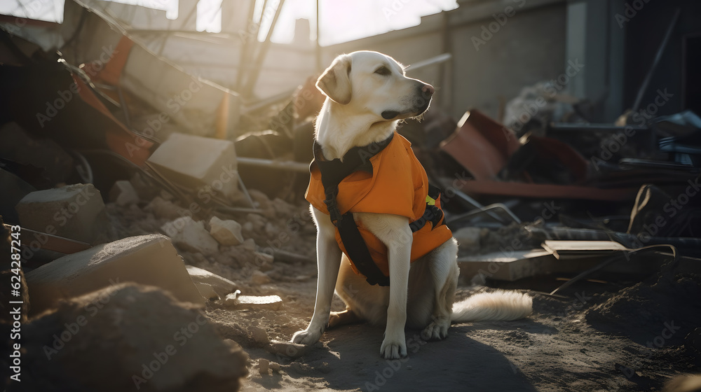 Rescue service dog labrador background of destroyed houses after the ...