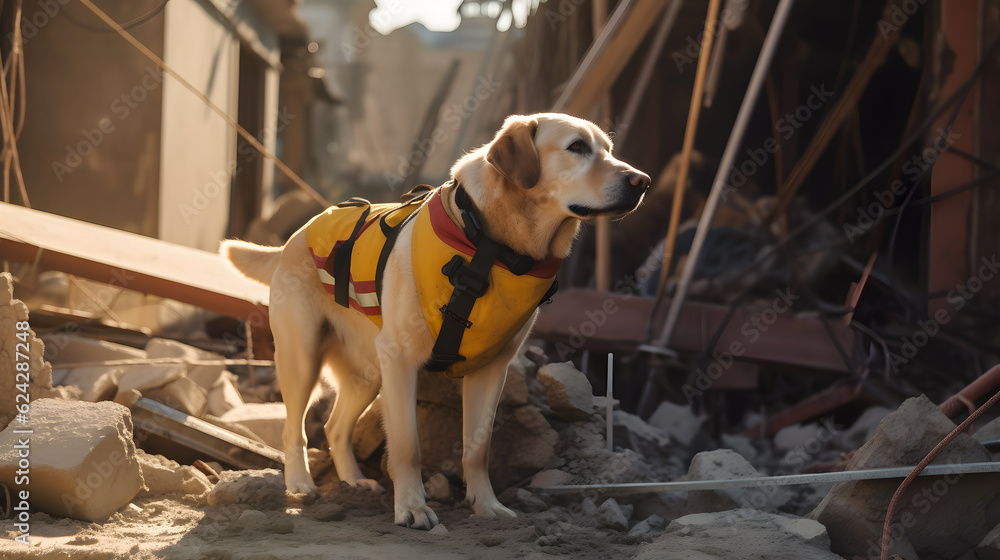 Rescue service dog labrador background of destroyed houses after the ...