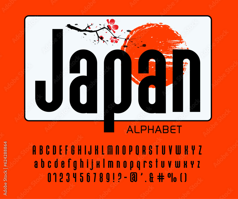 Bold Asian font and alphabet from English letters and numbers. Modern ...