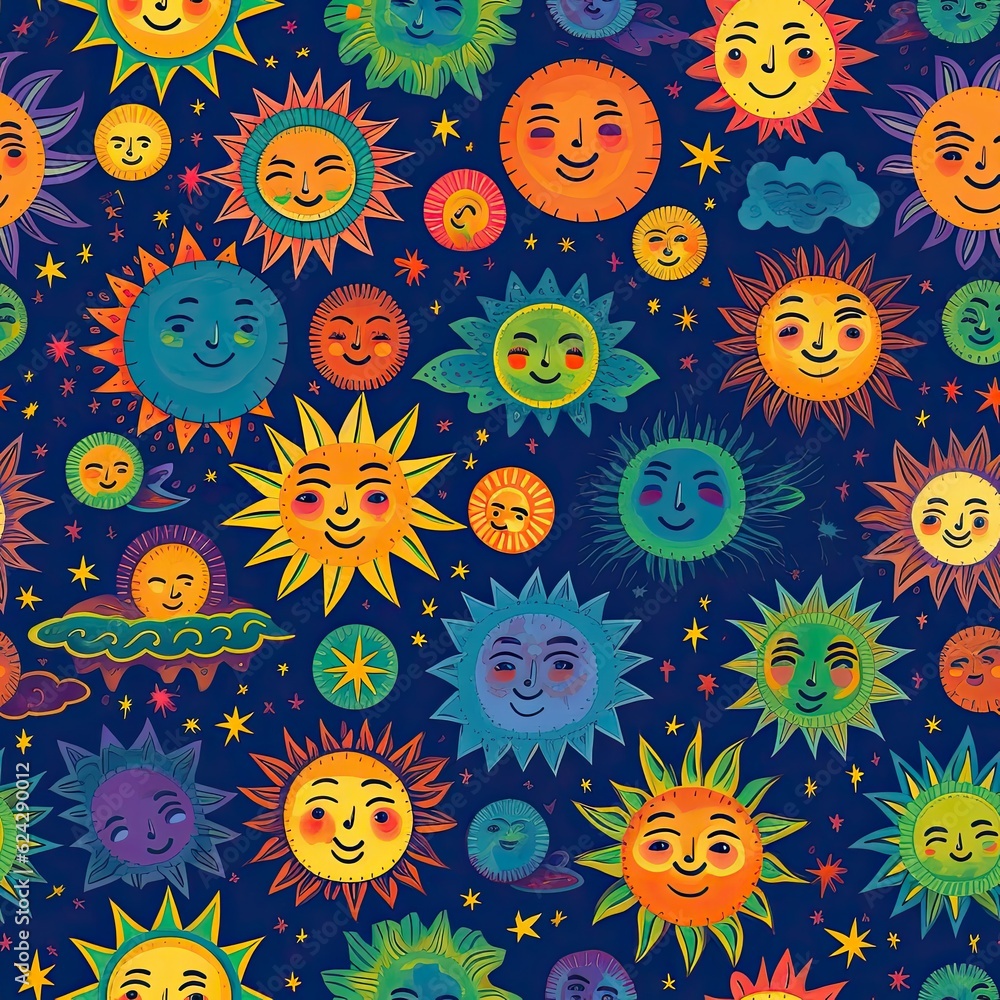 Comic Suns, Cartoon Moons, TILE texture, Seamless, Repeating pattern ...