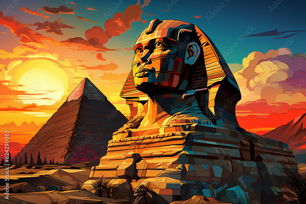 This image portrays the Great Sphinx in an abstract cubist style ...