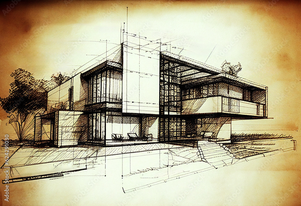 Architectural ink drawing design which is a blue print design by an ...