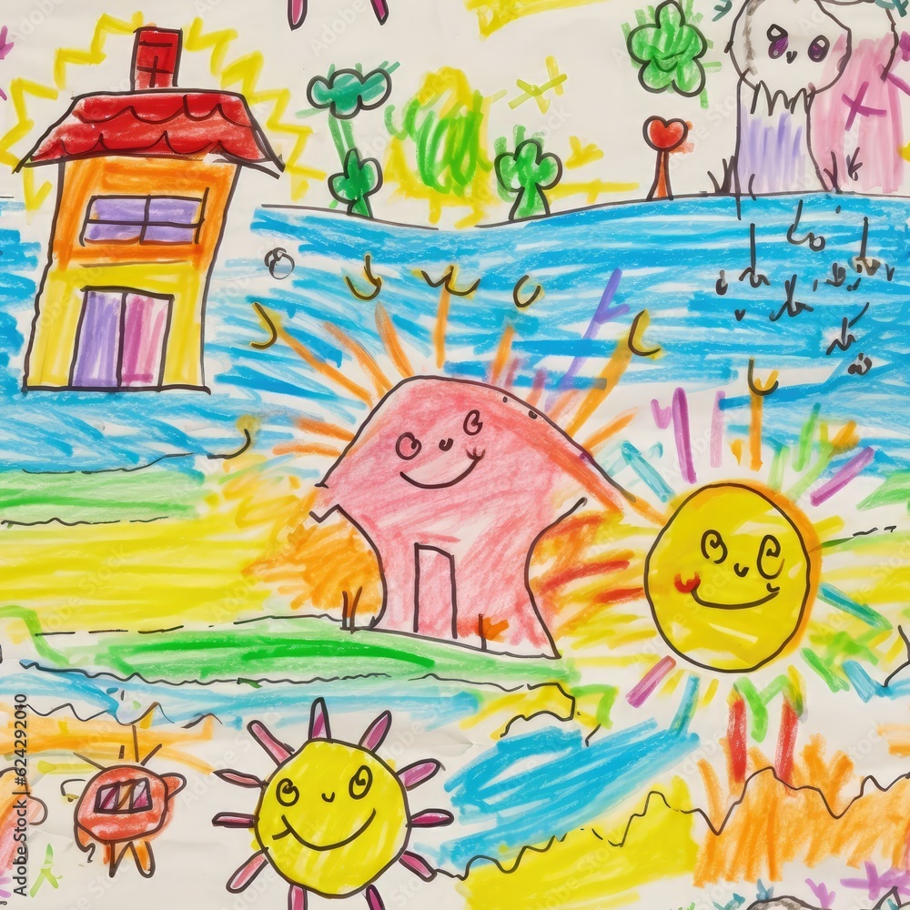 Children's drawing, Geometric tile texture, Seamless, Repeating pattern, Endless background ...