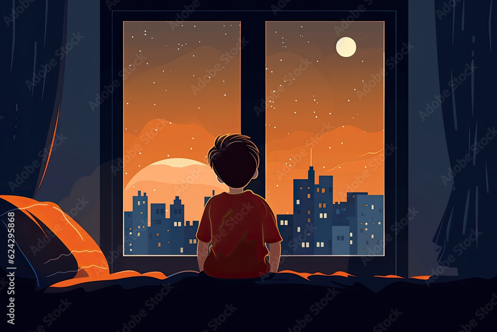 Child Sit On Bed Look At Window With City View Illustration Generatie child-sit-on-bed-look-at-window-with-city-view-illustration-generatie