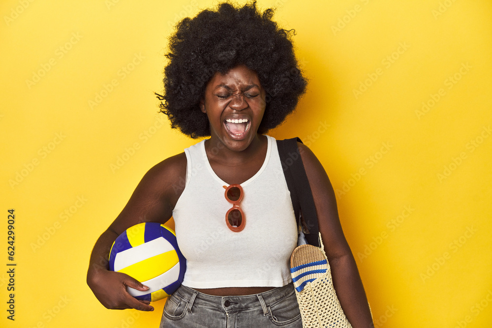 Beach-ready woman with volleyball, ready for sport screaming very angry ...