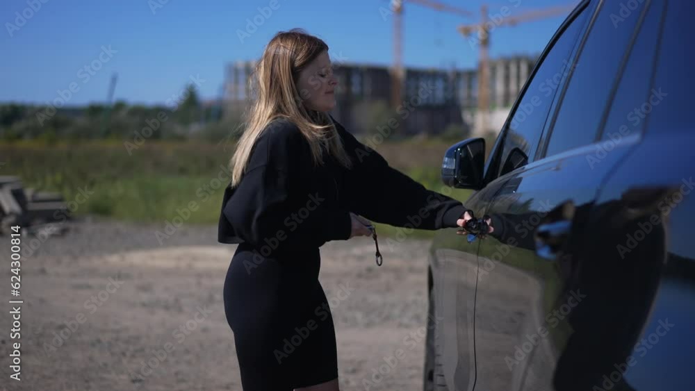 Nervous desperate young woman pulling car door failing to open vehicle sighing leaning on ...