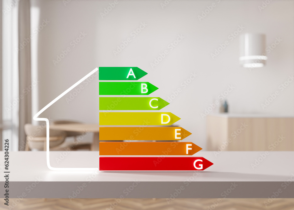 Energy efficiency rating chart and home interior. Ecological and bio ...