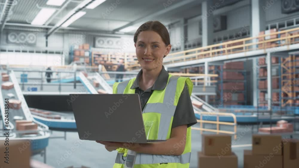 Modern Sorting Center: Female Stocking Associate Uses Laptop, Looking ...