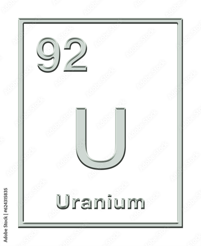 Uranium, chemical element, taken from periodic table, with relief shape ...
