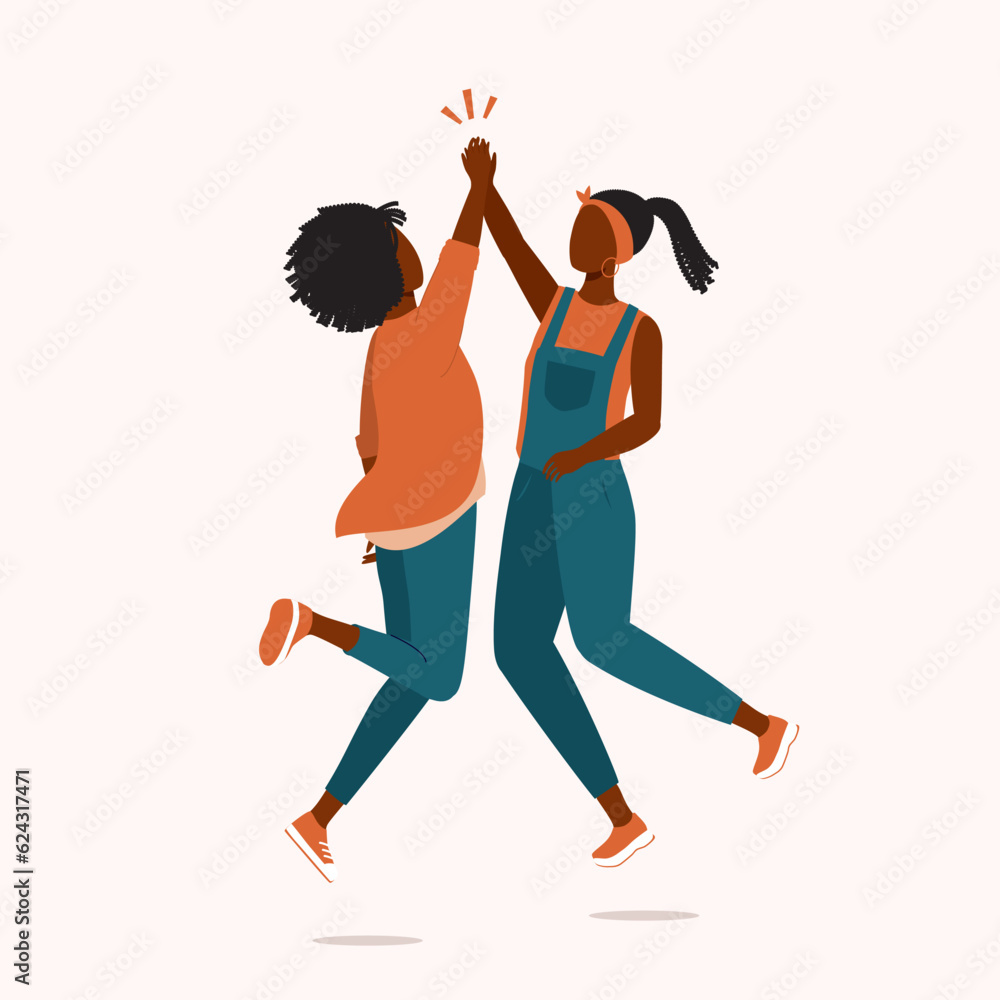 Two Young Black Women Jumping Up In High Five Gesture With Slapping ...