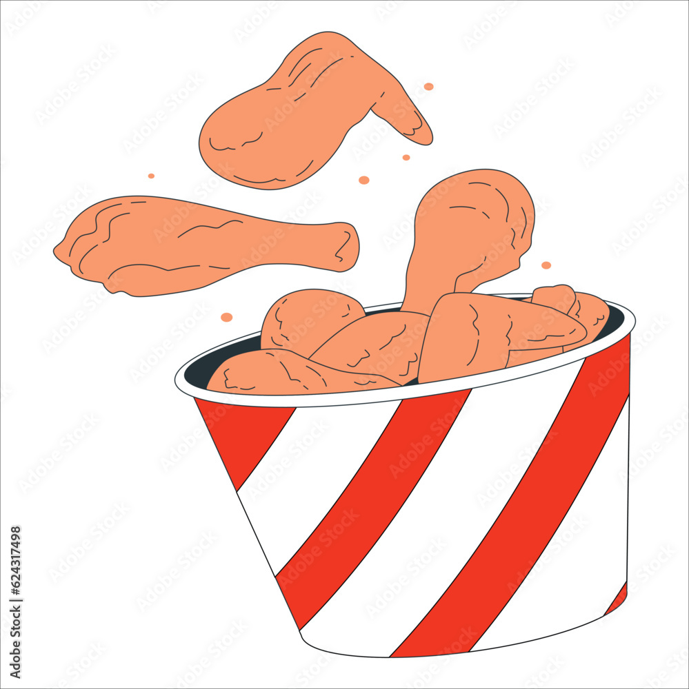 Fried chicken legs and wings bucket on red stripes vector background ...